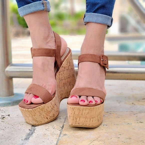 Shoes | Womens Brown Ankle Strap Platform Wedge Sandal | Poshmark